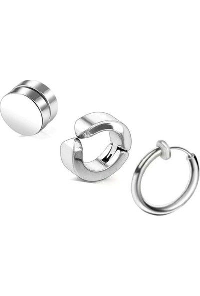 Yeşim Aksesuar Unisex Gümüş Renk 3 Adet Deliksiz Sıkıştırmalı Mıknatıslı Çelik Küpe Yeşim Aksesuar Unisex Gümüş Renk 3 Adet Deliksiz Sıkıştırmalı Mıknatıslı Çelik Küpe