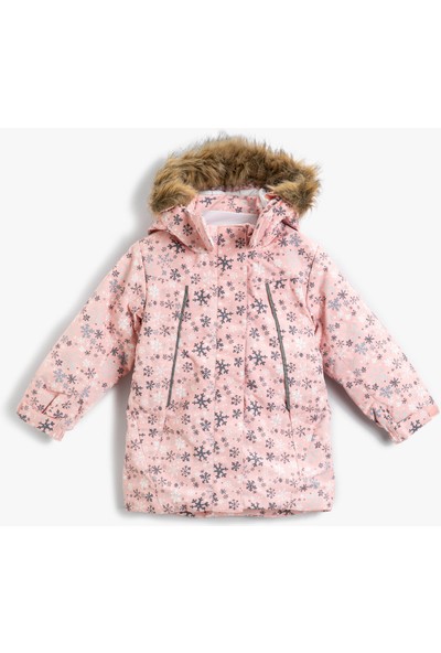 Koton Kar Tanesi Baskılı Kapüşonlu Şişme Kaban Yakası Suni Kürklü
