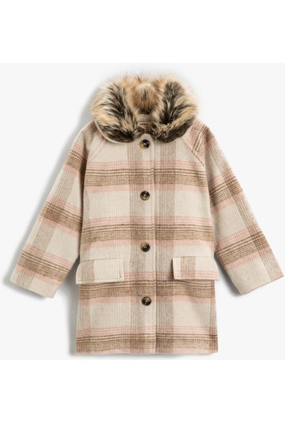 Koton Yakası Suni Kürklü Ekose Kaşe Kaban