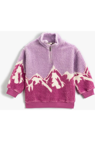 Koton Kız Çocuk Dağ Baskılı Yarım Balıkçı Yaka Peluş Sweatshirt