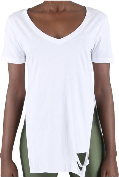 Asel Moda Kadın Beyaz Yırtmaçlı T-Shirt