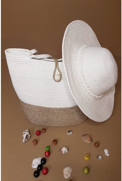 AYSHA MAKROME Plaj Çantası ve Şapka 2 Li Set / Plaj Şapkası/ Bayan Çanta ve Şapka