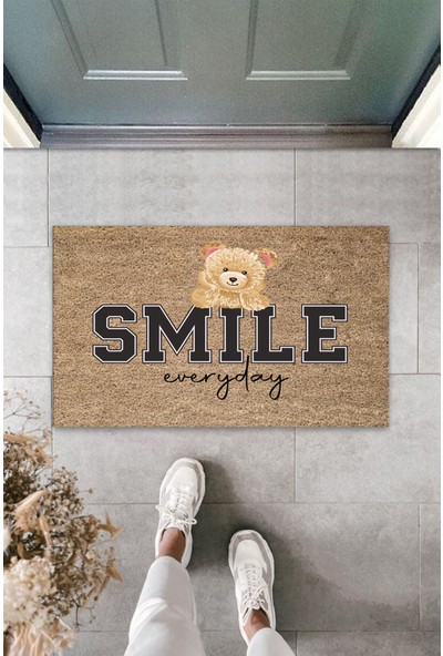 Silkcoat Home Iç ve Dış Mekan Bej Kapı Önü Paspası Smıle Everyday Ayıcık Desen Paspas
