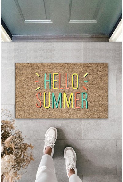 Silkcoat Home İç ve Dış Mekan Sarı Kapı Önü Paspası Hello Summer Desen Paspas
