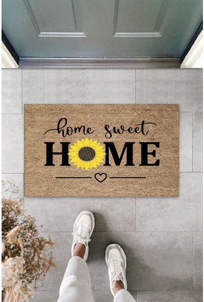 Silkcoat Home İç ve Dış Mekan Bej Kapı Önü Paspası Home Sweet Home Papatyalı Desen Paspas