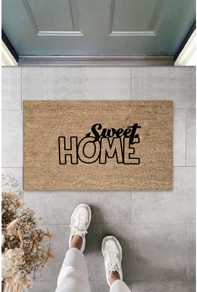 Silkcoat Home Iç ve Dış Mekan Bej Kapı Önü Paspası Sweet Home Desen Paspas