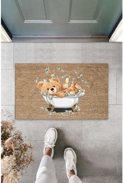 Silkcoat Home Dekoratif Dijital Para Kuvetinde Ayıcık Bej Kapı Paspası Dış Mekan Paspas