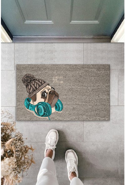 Silkcoat Home Dijital Baskı Kalitesi Gri Bereli Kulaklıklı Köpek Dekoratif Kapı Paspası