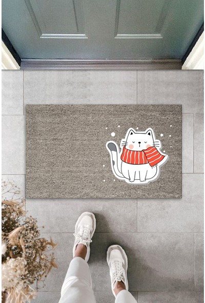 Silkcoat Home Dijital Baskı Kalitesi Gri Kırmızı Atkılı Beyaz Kedi Dekoratif Kapı Paspası