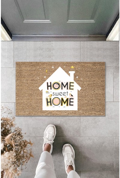 Silkcoat Home Dijital Baskı Kalitesi Kahverengi Home Sweet Home Yazılı Beyaz Ev Dekoratif Kapı Paspası