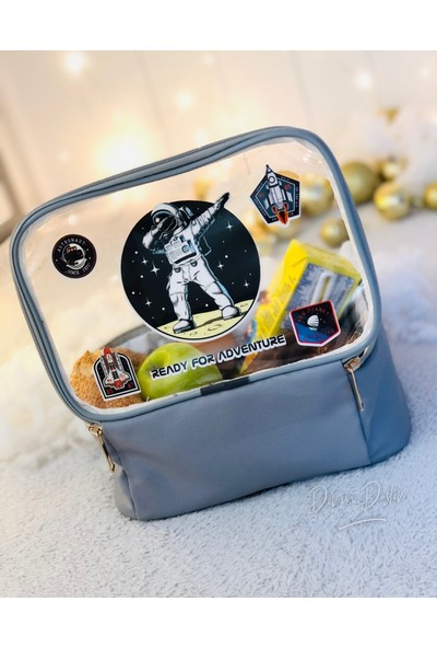 Derin Düşler Astronot Baskılı Fermuarlı Şeffaf Çok Amaçlı Makyaj ve Beslenme Çantası