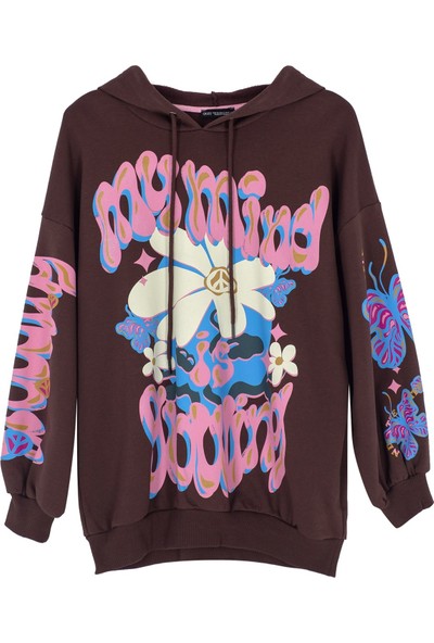 Quzu Kapüşonlu Baskılı Sweatshirt Koyu Kahve