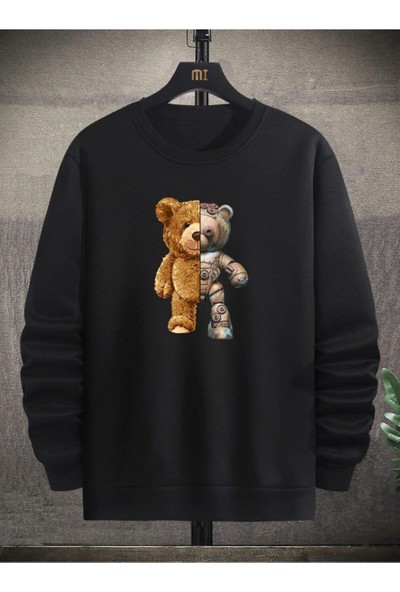 Trend Seninle Erkek Siyah Robot Ayı Baskılı Oversize Sweatshirt