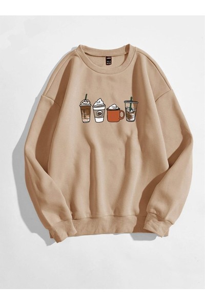 Trend Seninle Kadın Vizon Oversize Coffee Baskılı Sweatshirt Trend Seninle Kadın Vizon Oversize Coffee Baskılı Sweatshirt