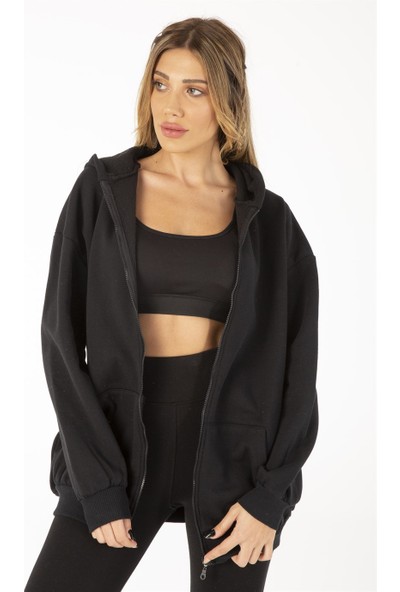 Trend Seninle Kadın Siyah Oversize Fermuarlı Hırka Trend Seninle Kadın Siyah Oversize Fermuarlı Hırka