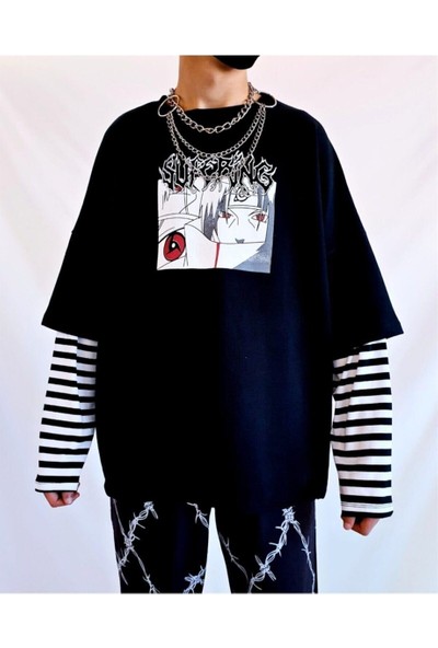 Trend Seninle Kadın Siyah Anime Çizgili Kol Oversize Sweatshirt Trend Seninle Kadın Siyah Anime Çizgili Kol Oversize Sweatshirt