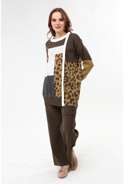 Ftz Kare Leopar Desen Ikili Takım (BTK6261FT) Kahverengi