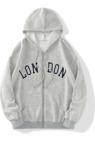Trend Seninle Unisex Gri London Baskılı Fermuarlı Sweat Hırka Trend Seninle Unisex Gri London Baskılı Fermuarlı Sweat Hırka