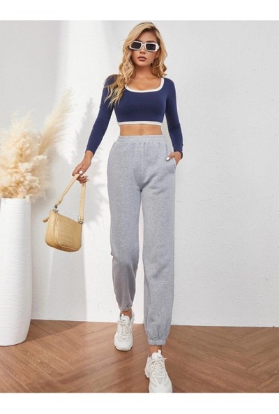 Trend Seninle Kadın Gri Yüksek Bel Lastik Paça Eşofman Altı
