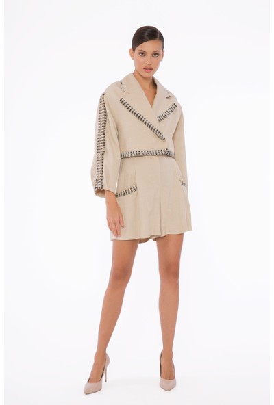 GIZIA Püskül Şeritli Bej Şort