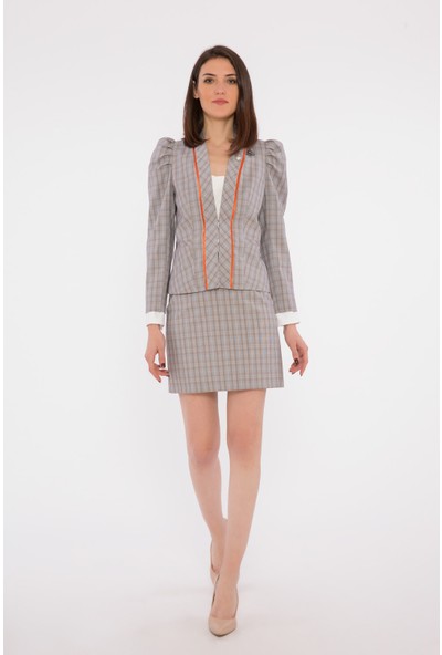 GIZIA Ekose Kontras Biyeli Büzgü Kollu Mavi Takım