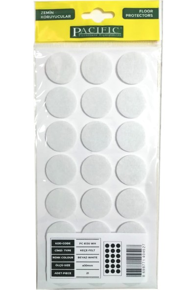 Pacific Yuvarlak Yapışkanlı Sandalye Koltuk Mobilya Ayak Keçesi Felt 30 mm Beyaz Pacific Yuvarlak Yapışkanlı Sandalye Koltuk Mobilya Ayak Keçesi Felt 30 mm Beyaz