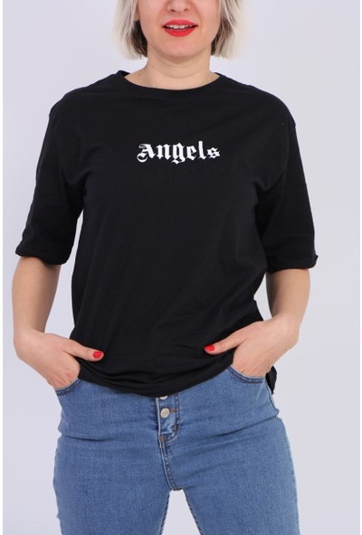 Laviyosa Ön Arka Angels Baskılı Tişört Siyah