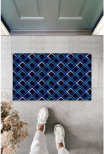 Silkcoat Home Iç ve Dış Mekan Koyu Mavi Kapı Önü Paspası Büyük Kareler Desen Paspas