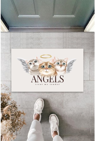Silkcoat Home Iç ve Dış Mekan Beyaz Kapı Önü Paspası Angels Kediler Desen Paspas