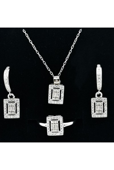 Han Pırlanta Tasarımlı 925 Ayar Gümüş Baget Set Kolye Küpe Yüzük