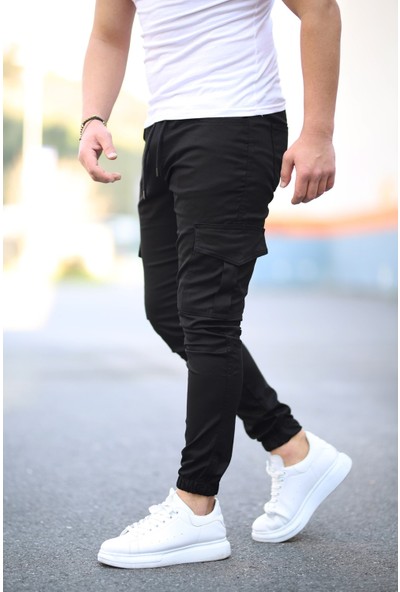 Ohepmoda Dar Kesim Beli ve Paçası Lastikli Kargo Cep Pantolon Siyah