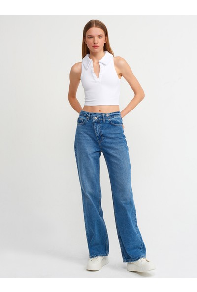 Dilvin 70229 Asimetrik Wideleg Pantolon-Mavi