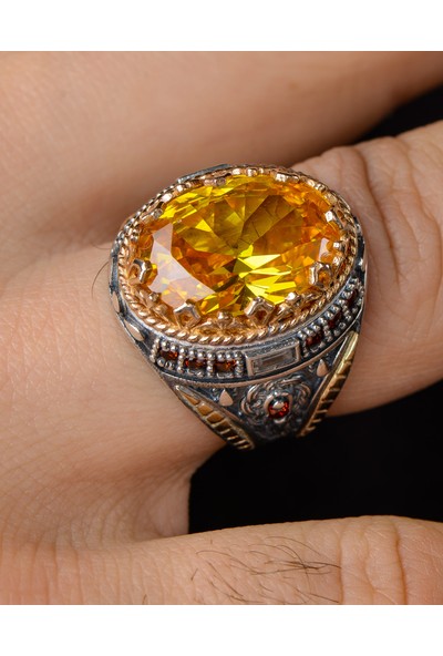 Prestige Gümüş Gümüş Erkek Yüzük Sitrin Taşlı Zirkon Taş Süslemeli 00012