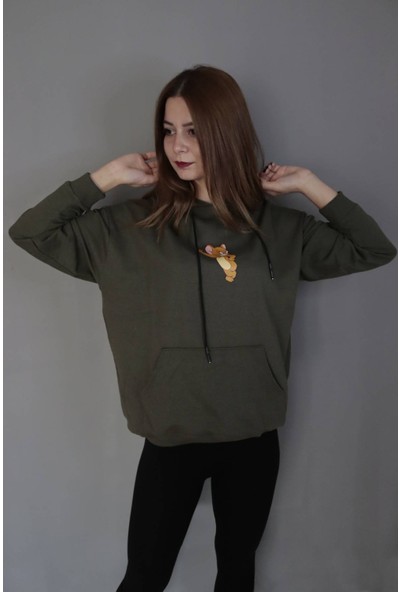 Ceg Store Kapüşonlu Kadın Yeşil Iki Iplik Oversize Sweatshirt