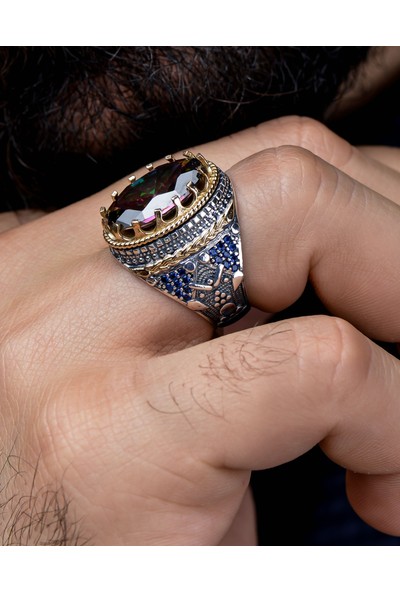 Prestige Gümüş Gümüş Erkek Yüzük Mistik Topaz Taşlı Zirkon Taş Süslemeli 00021