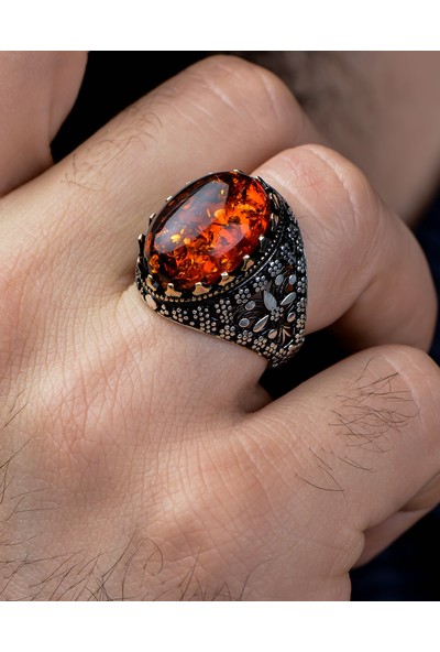 Prestige Gümüş Gümüş Erkek Yüzük Kehribar TAŞLI00026