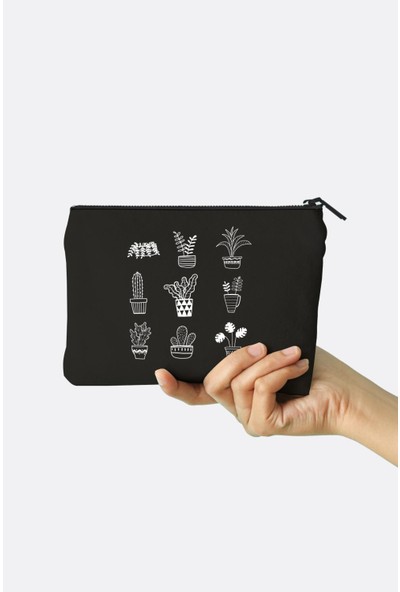 Clutch Kaktüsler 2 Baskılı Siyah Kanvas Makyaj Çantası Clutch Kaktüsler 2 Baskılı Siyah Kanvas Makyaj Çantası