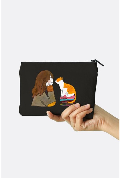 Clutch Kedili Kız Baskılı Siyah Kanvas Makyaj Çantası Clutch Kedili Kız Baskılı Siyah Kanvas Makyaj Çantası