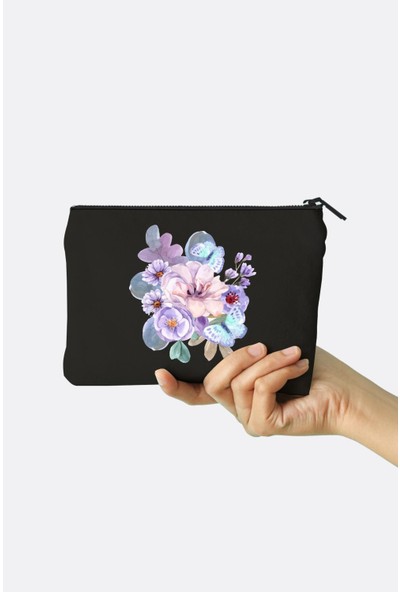 Clutch Kelebek Çiçek Baskılı Siyah Kanvas Makyaj Çantası Clutch Kelebek Çiçek Baskılı Siyah Kanvas Makyaj Çantası