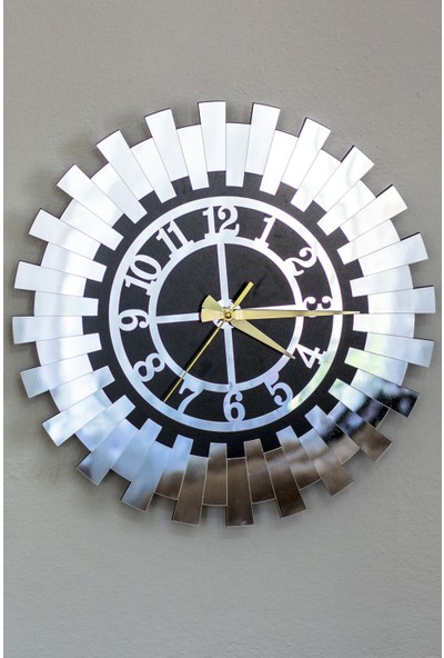 Eyka Store Modern Gümüş Güneş Duvar Saati Dekoratif Türk Rakamlı Mdf Üzeri Aynalı Pleksi