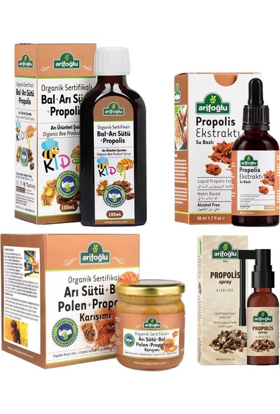 Arifoğlu Organik Bal Arı Sütü Propolis For Kids 100ML + Propolis Ekstraktı 50 ml Su Bazlı + Organik Arı Sütü Bal Polen Propolis 230GR + Propolis Ekstraktı Boğaz Sprey 20 ml Arifoğlu Organik Bal Arı Sütü Propolis For Kids 100ML + Propolis Ekstraktı 50 ml Su Bazlı + Organik Arı Sütü Bal Polen Propolis 230GR + Propolis Ekstraktı Boğaz Sprey 20 ml