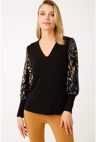 Ekol On V Yaka Balon Kol Bluz