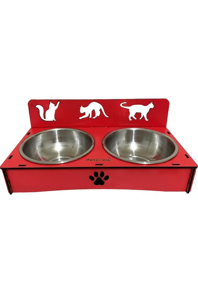 Petcrew Kırmızı Kedi ve Küçük Irk Köpek Su ve Mama Kabı Ahşap 280MLX2