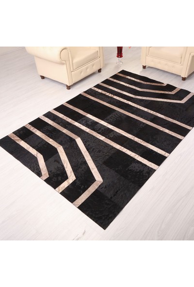 Bej Çizgili Siyah Deri Halı
