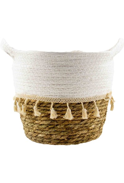 Bitki Tasarımı Beyaz Şeritli Püsküllü Hasır Sepet Küçük 25 cm Bitki Tasarımı Beyaz Şeritli Püsküllü Hasır Sepet Küçük 25 cm