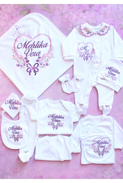 Minilola Mor Lila Renkli Kalp Lavanta Desenli Beyaz Isimli 10LU Set Minilola Mor Lila Renkli Kalp Lavanta Desenli Beyaz Isimli 10LU Set