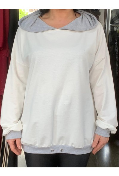 Kadın Beyaz Büyük Beden Gri Kapüşonlu Sweatshirt - 5129