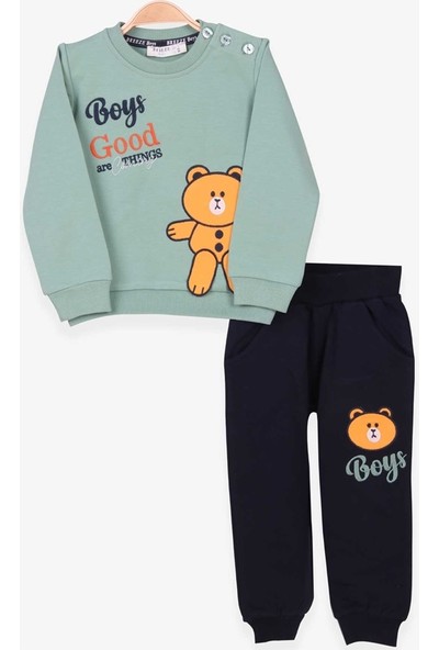 Breeze Erkek Bebek Eşofman Takım Ayı Nakışlı Mint Yeşili Soft Giyim (9 Ay-3 Yaş)