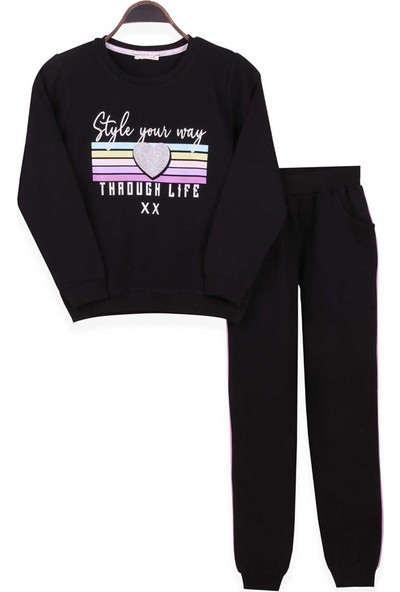 Breeze Kız Çocuk Eşofman Takım Kalpli Simli Siyah Soft Giyim (9-14 Yaş)