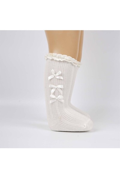 Katamino Kız Bebek Kurdeleli Diz Altı Çorap K12038 Krem